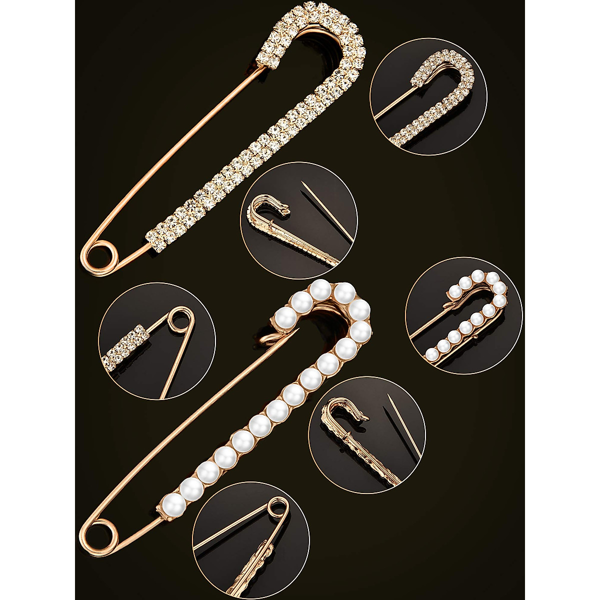 Women Brooch Pins Sweater Shawl Clips Faux Crystal Pearl Brooches Safety Pins Dress Shirt Clips for Women Gold Silver (4 Pieces)