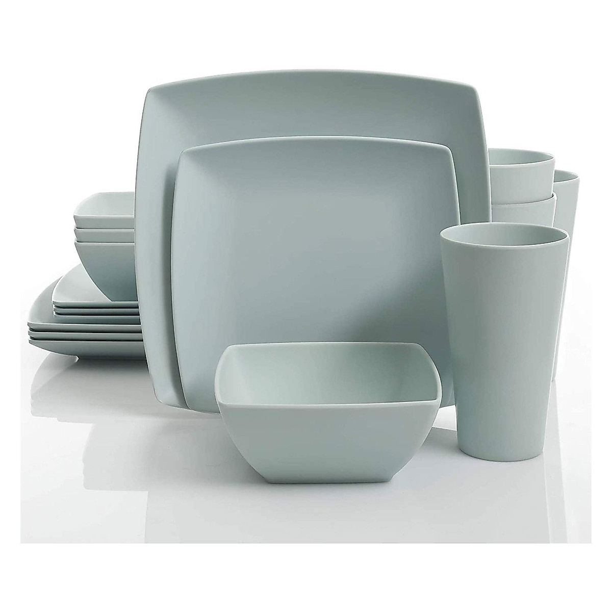 Gibson Home Soho Grayson Square Melamine Everyday 16 Piece Reactive Glaze Dinnerware Set Plates, Bowls, and Cups, Dishwasher Safe, Mint Green (2 Pack)