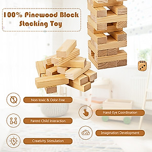 Costzon Giant Tumbling Timber Toy, 54PCS New Zealand Pine Wooden Block Stacking Game w/Carrying Bag, Attached Dice, Curved Edge, Yard Tower Game Fits Kid & Adult for Parties & Gathering Playing