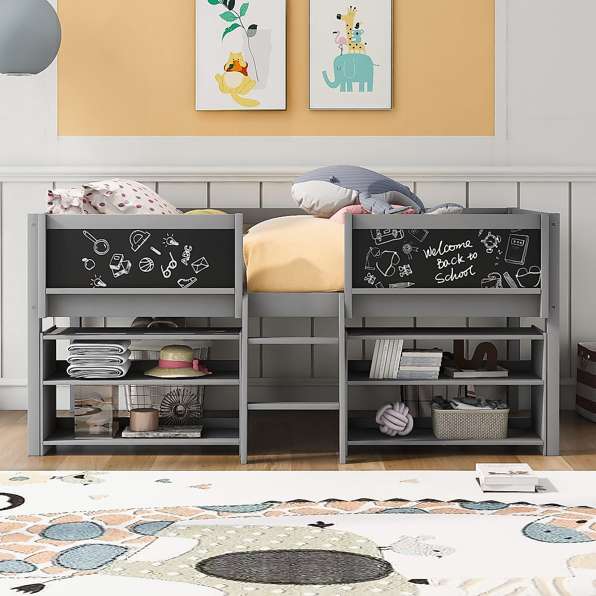 Harper & Bright Designs Kids Low Loft Bed with 2 Movable Storage Shelves, Twin Loft Bed Frame with Chalkboard and Ladder, Multifunctional Loft Bed for Kids Boys&Girls No Box Spring Needed (Gray)