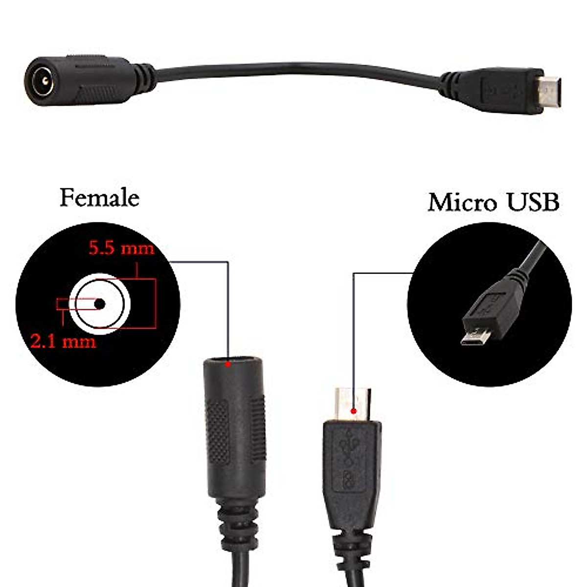 Snsnlent 5PCS DC 5.5 x 2.1mm Female to Micro USB Male Connector Adapter 5V Power Cable(USB Micro-B to DC Female)