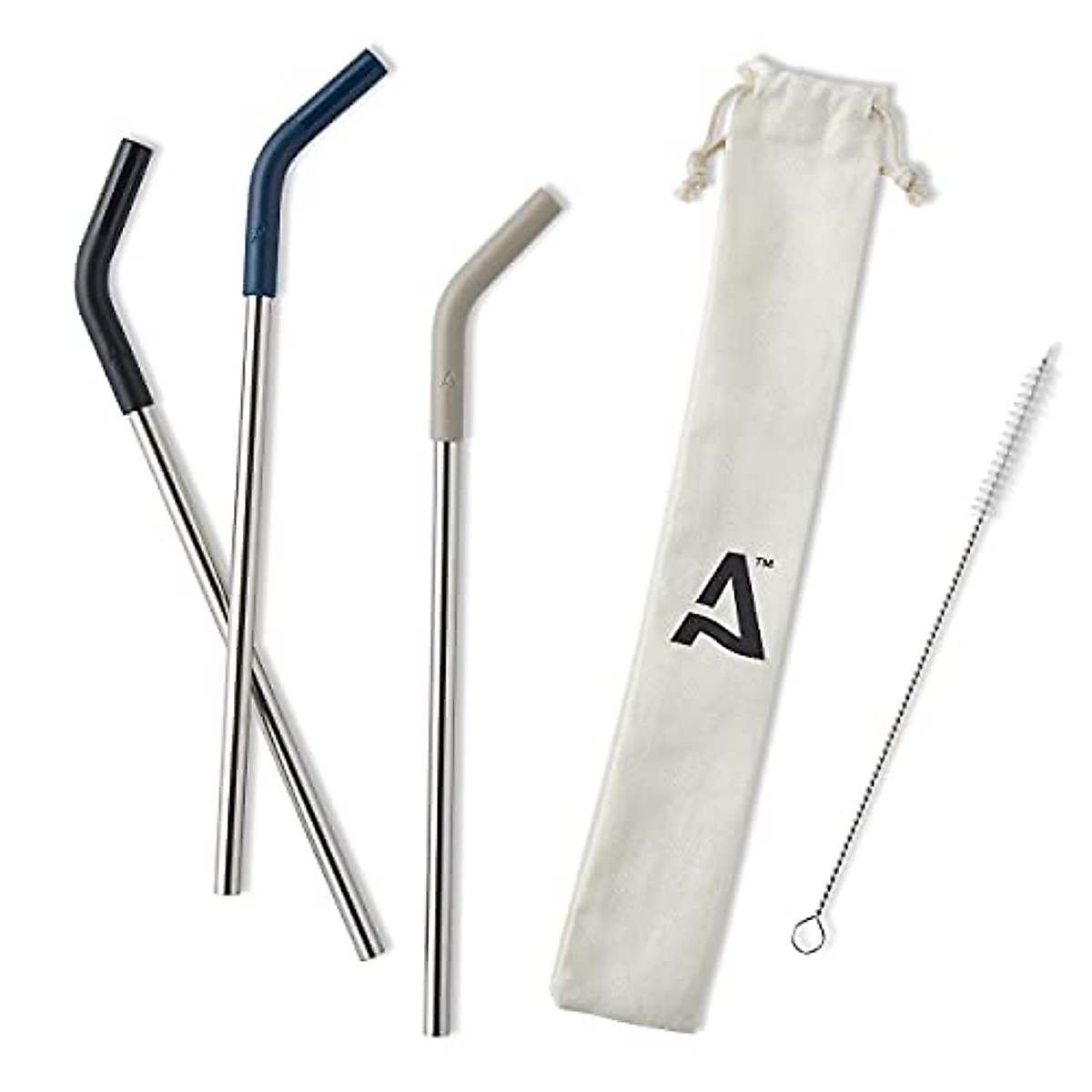 Avana Metal Reusable Straws with Case and Silicone Tips for Water Bottles and Tumblers, Deep Ocean/Grey/Black, (3-Pack)