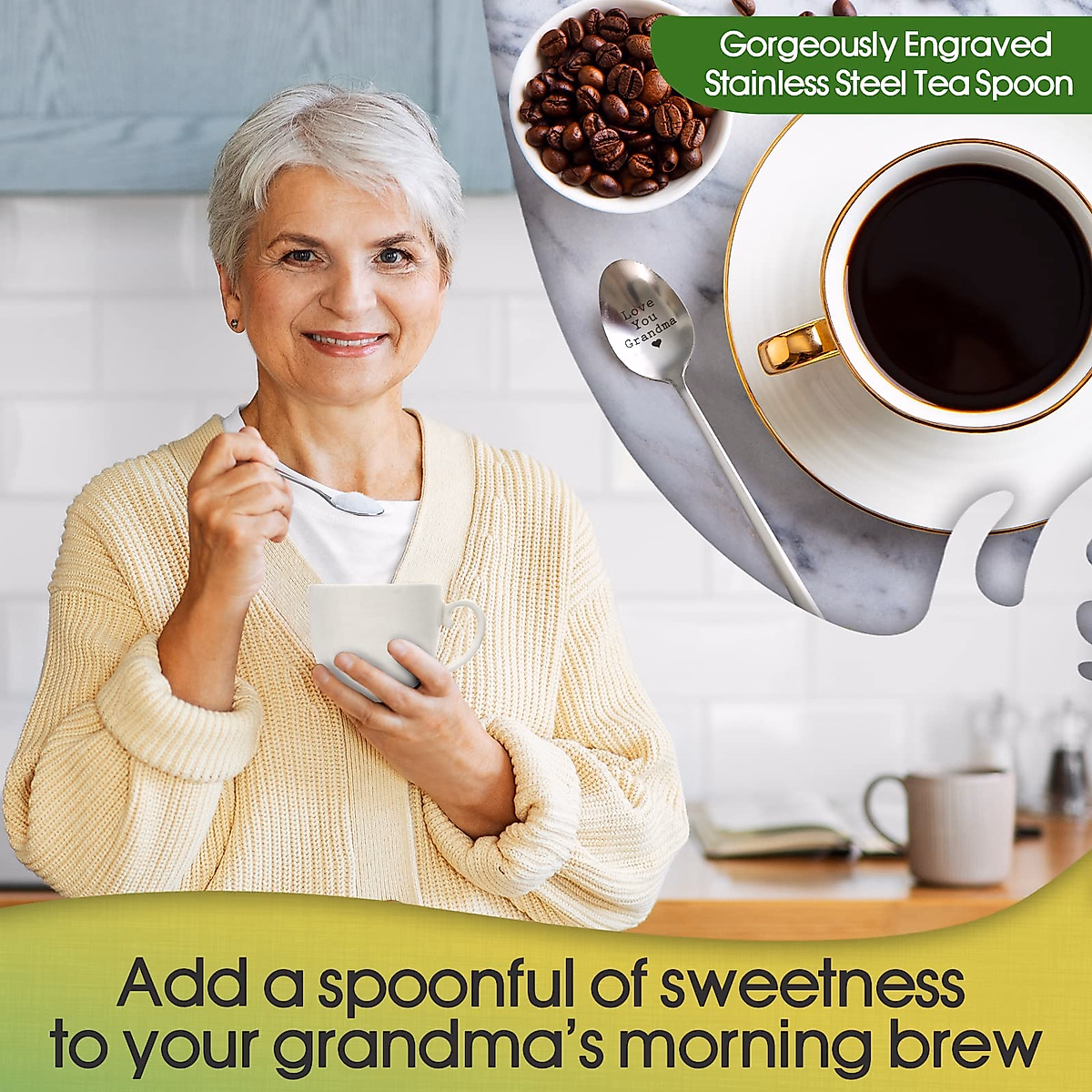 Grandma Gifts Set – 3Pc.,100% Cotton Grandma Apron with Matching Tea Towel and Engraved, Stainless Steel Tea Spoon – Great Grandmother Gifts for Grandma, Mothers Day or Grandma Birthday Gifts