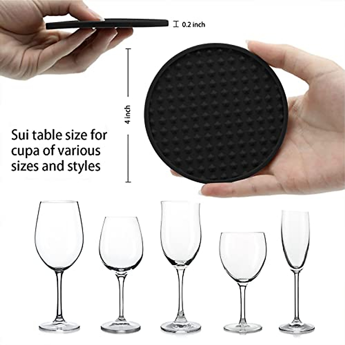 Set of 8 Drink Coasters with Holder,Silicone Coasters for Drinks, Rubber Coasters for Tabletop Protection, Non-Slip Heat Resistant Coasters for Coffee Table (Black)