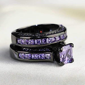 Black Gold Plated Womens Wedding Ring Sets Bridal Sets Princess cut Purple Cz Engagement Ring Wedding Bands