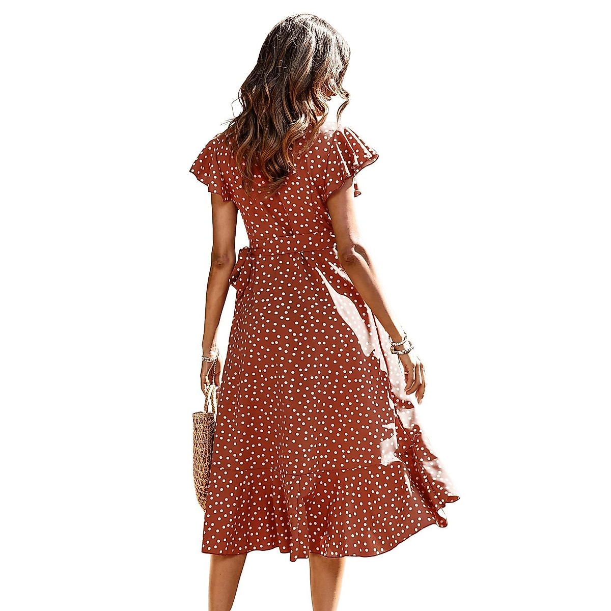 SweatyRocks Women's Polka Dots Short Sleeve V Neck Wrap Dress Tie Side Ruffle Midi Dresses Burnt Orange M