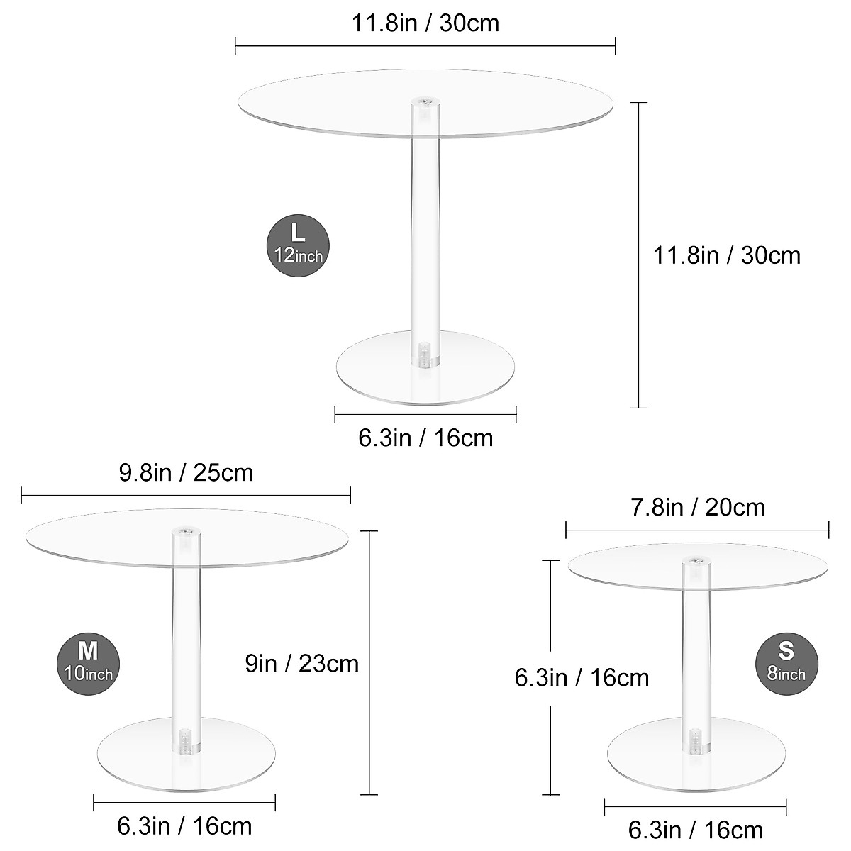 Acrylic Cake Stand, 3PCS Round Cake Stands for Dessert Table, Clear Cupcake Holder for Birthday Party, Pastry Candy Pizza Display Riser for Wedding Event