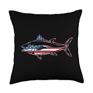 Tuna Fishing Items Bluefin Gifts Tuna American Flag Giant Bluefin Fish Fisherman Throw Pillow, 18x18, Multicolor