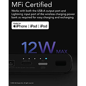 ZMI LevPower M10 MFi & Qi Certified USB PD Portable Charger with USB-C & Lightning Ports, Wireless Power Bank Compatible with iPhone 14/13/12/11/Pro/Max/X/XS/XS Max/8/8 Plus & iPad