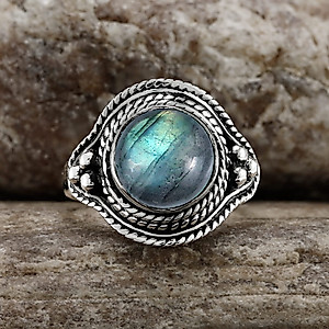 TISHAVI 2.45Cts Labradorite Ring For Women Size 7, Sterling Silver Hnadmade Birthstone Jewelry Mother'S Day Gifts For Mom Wife Sister