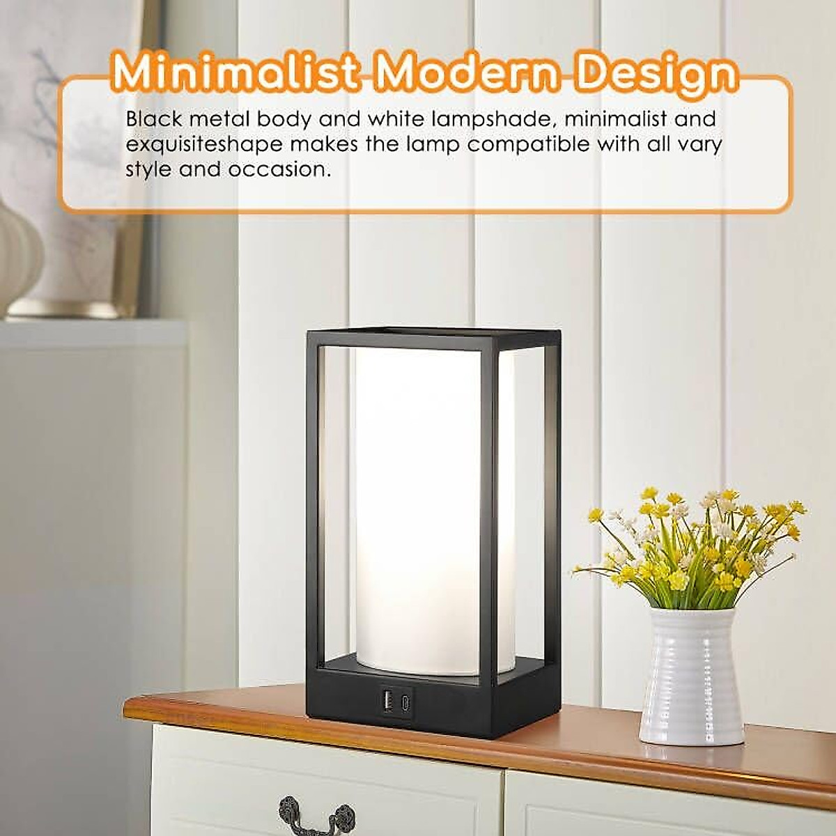 GGOYING Bedside Table Lamp,Touch Control Table Lamp with 3-Way Dimming,USB C Charging Ports,LED Bulb,Black Metal Body and White Fabric Lampshade Bedroom Lamp