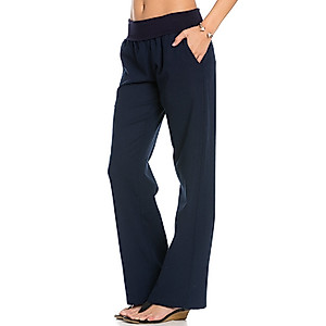 Poplooks Women's Comfy Fold Over Linen Pants (Medium, Navy)