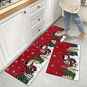 Miaklek Christmas Kitchen Rugs Set of 2 Anti Fatigue Mats for Kitchen Floor Cushioned Kitchen Rugs and Mats Non Slip Kitchen Runner Comfort Standing Mat, Cute Snowman Xmas Tree Winter Snowflake Red