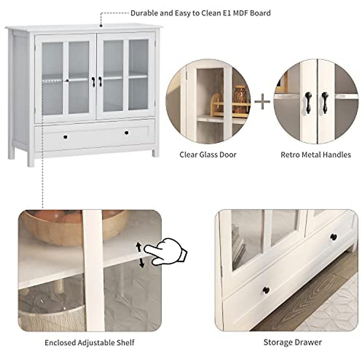 Knocbel Modern Storage Cabinet with Metal Handles, Double Glass Doors, Compartments and Drawer, Buffet Sideboard for Kitchen Dining Room Hallway Entryway, 41.4" L x 15.5" W x 35.4" H (White)