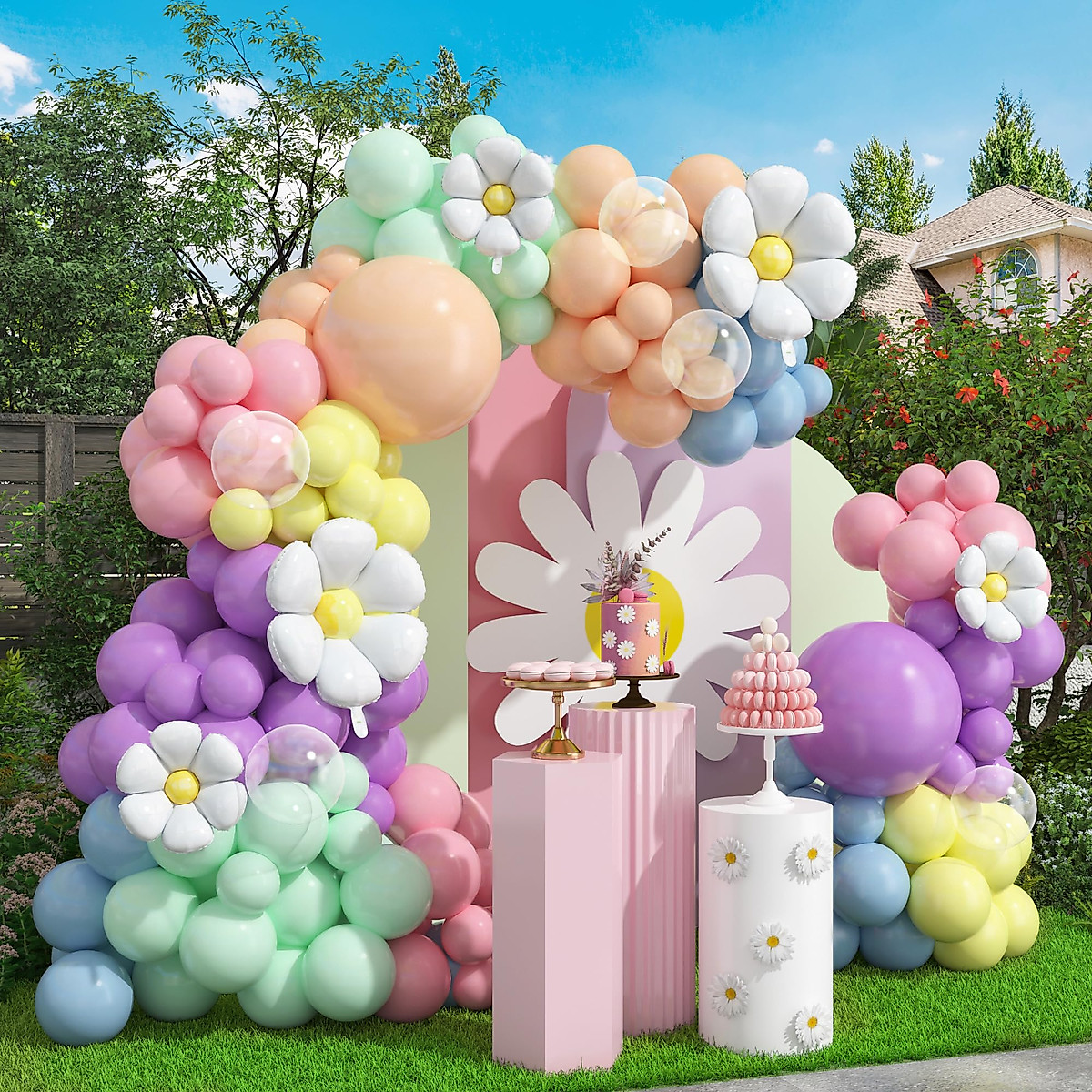 HOUSE OF PARTY Groovy Daisy Flower Balloons - 114 Pcs Pastel Rainbow Balloon Arch Garland Kit - Clear Bubble & Bobo Balloons - Perfect for Birthday, Baby Showers, Weddings & Party Decoration!