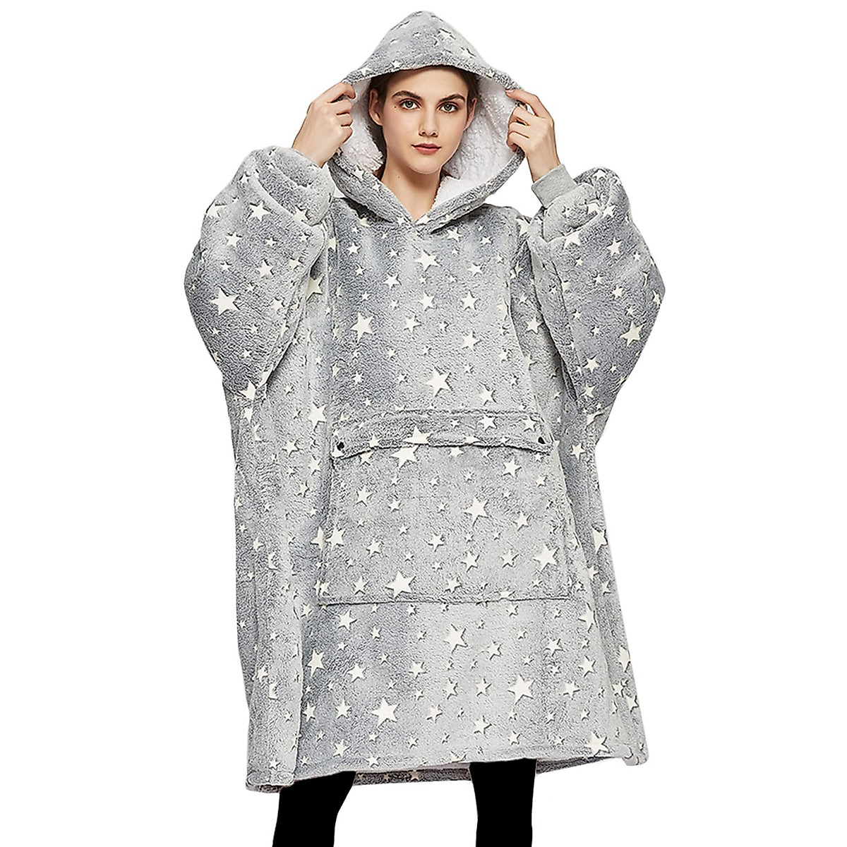 Lzzidou Oversized Blanket Hoodie for Women, Two Layers Cozy Flannel Sherpa Wearable Blanket Sweatshirt Adult