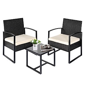 PatLoom 3-Piece Outdoor Patio Set – All-Weather Wicker Rattan Chairs with Cushions & Glass Coffee Table, Perfect for Backyard, Garden, Balcony, or Poolside Lounge Furniture