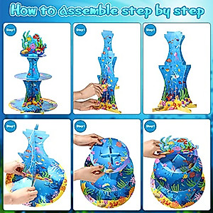 3 Tiers Under The Sea Cardboard Cupcake Stand Ocean Birthday Party Decorations Dessert Cupcake Stand Holder for Sea Creature Shark Party Tropic Fish Beach Party Baby Shower Supplies