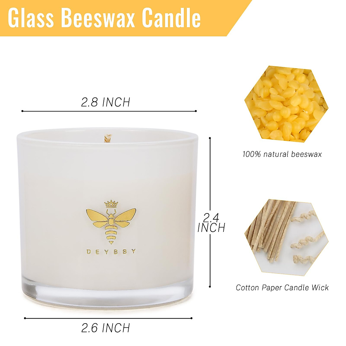 DEYBBY Beeswax Jar Candle - Pure Beeswax Candles in White Glass - Handpour Candle with Natural Honey Scent, 22-24 Hours Burning