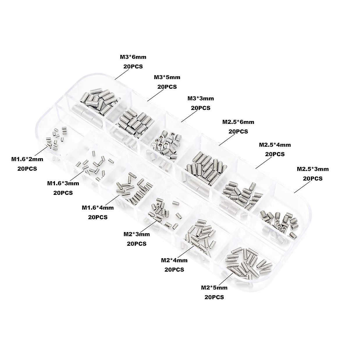 MCMASKE Metric M1.6 M2 M2.5 M3 Stainless Steel Internal Hex Drive Cup-Point Set Screws Assortment Kit