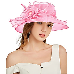 TLMNU Organza Fascinator Hat - Women¡¯s Wide Brim Church Bridal Tea Party Wedding Hat 03Rose
