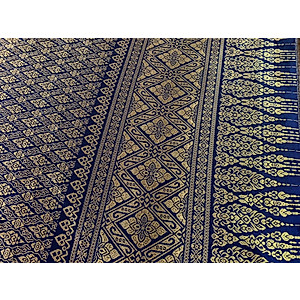 Amornphan 44 Inches Blue and Gold Traditional Thai Silk Damask Fabric for Wedding Dress Skirt by The Yard