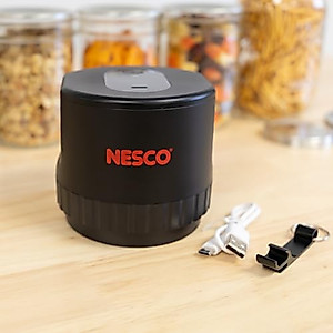Nesco Electric Mason Jar Vacuum Sealer Kit, Type-C charging, fits wide and regular mouth jars, comes with 5 regular and 5 wide lids, bottle opener, and charging cable