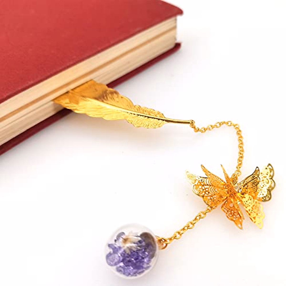 Metal Feather Bookmark, Vintage Book Marks with 3D Butterfly and Glass Beads Dry Flower Pendant, Mother's Day, Graduation Season for Women, Men Book Lovers Creative Gifts Bookmarks-Gold
