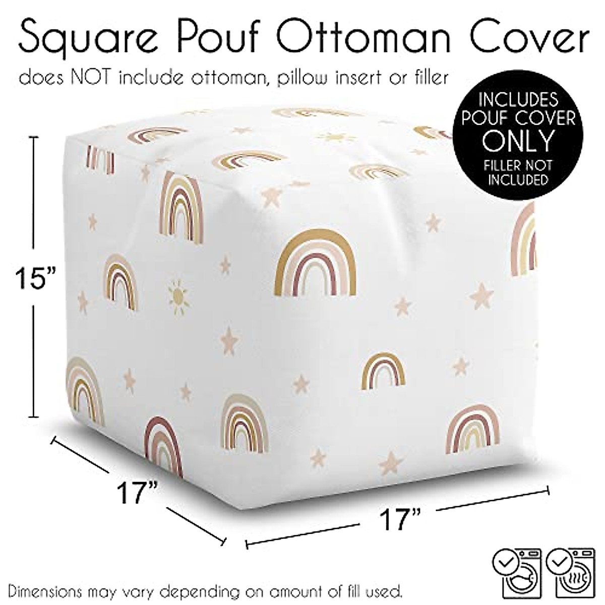 Sweet Jojo Designs Boho Rainbow Girl Ottoman Pouf Cover Unstuffed Poof Floor Footstool Square Cube Pouffe Storage Baby Nursery Kids Room Blush Pink Yellow Bohemian Modern Neutral Vintage Taupe Beige