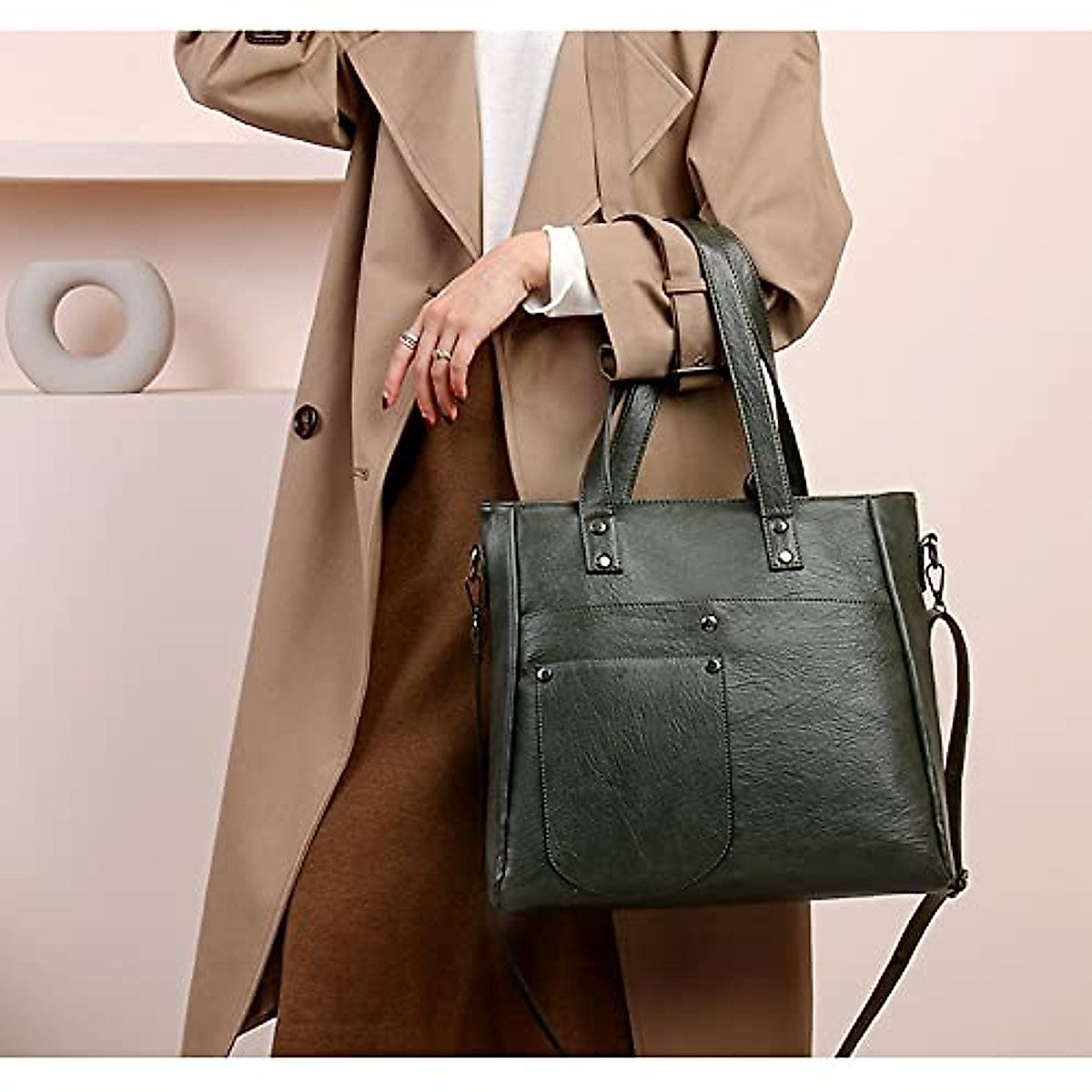 Downupdown Women Handbags and Purse Set Soft Leather Shoulder Bags Medium Satchel Minimalist Ladies Tote Bag Crossbody Bag 2-Pcs-Green