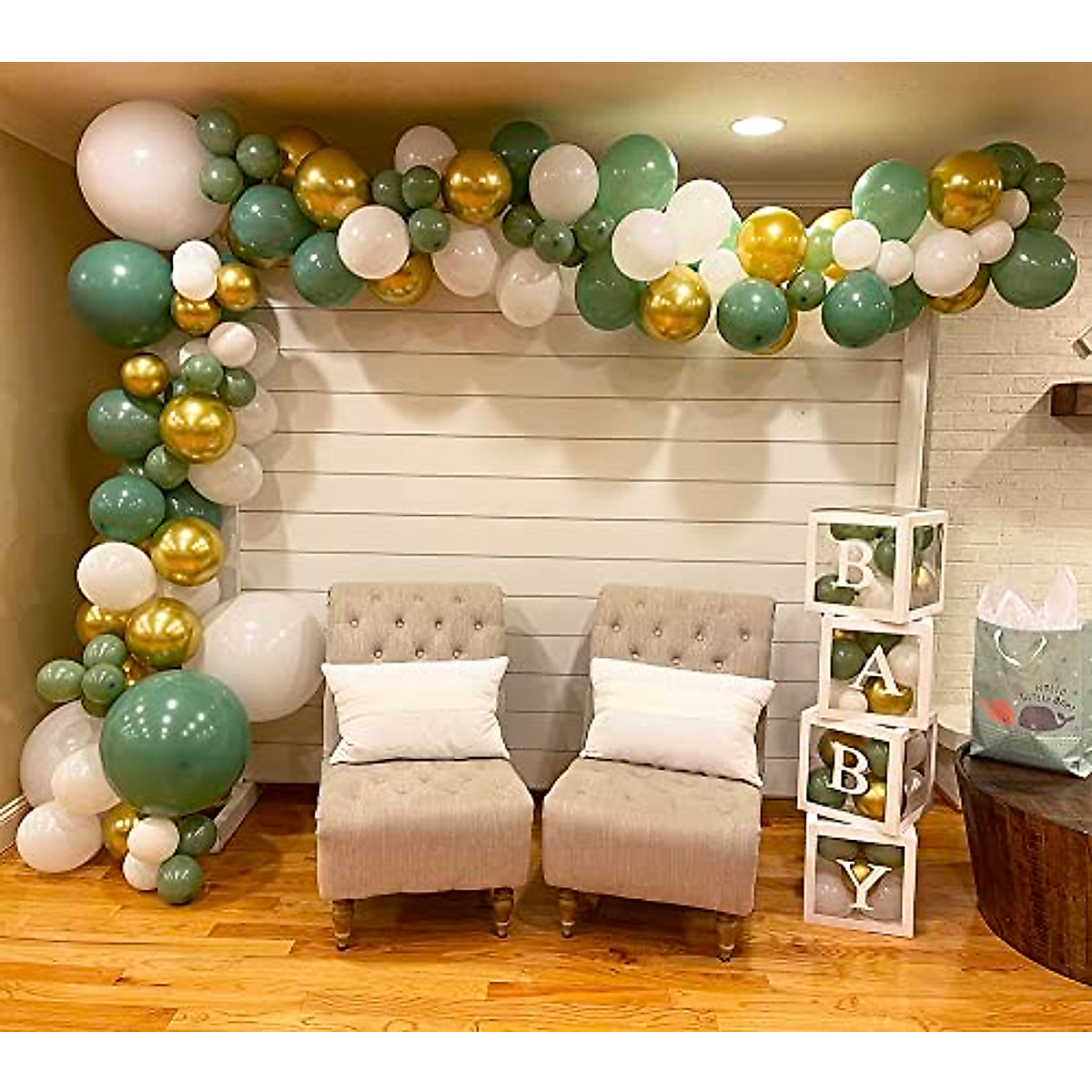 Oopat DIY Olive Sage White Gold Balloon Arch Garland Kit for Boho Bridal Shower Baby Shower Wedding Birthday Backdrop Engagement Bridal Shower Bachelorette Party Decoration (Sage Gold)