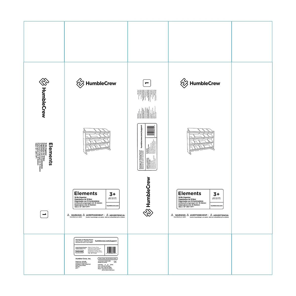 Humble Crew Extra-Large Toy Organizer, 16 Storage Bins, Grey/Blue/Green/Yellow,15.5"D x 42"W x 35"H