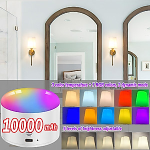 YHCDLAMP Battery Operated Wall Sconce Set of 2, Rechargeable Wall Sconce with 10000mAh Bulb and Remote Control, Up to 50 Hrs Use, RGB Dimmable Wireless Wall Lights for Living Room Bedroom Hallway