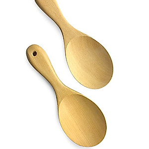 Panwa Traditional Sticky Rice Paddle Wooden Spoon (2 pc Set) Authentic THAI Up-Country Chef Solid One-Piece Natural Wood Serving Ladle, 100% Safe for Non-Stick Cookware