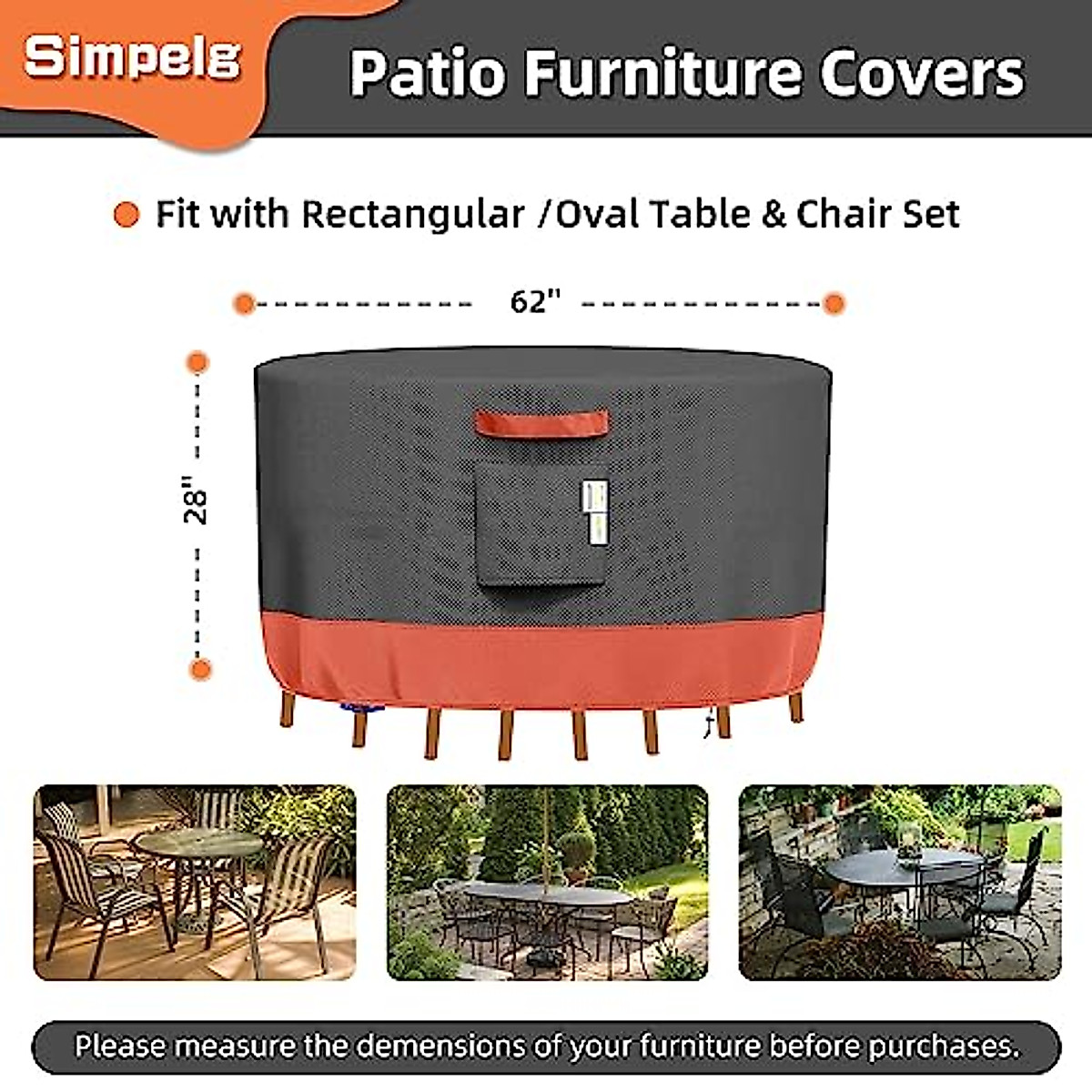Simpelg Round Patio Furniture Covers, Outdoor furniture cover waterproof, Outdoor Table Chair Set Covers, Anti-Fading Rip-Stop Cover for Patio Furniture Set, 62" DIA x 28"H, Windsor Red/Grey