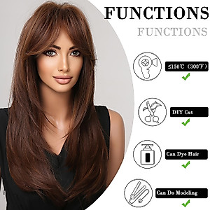 Doremiy Brown Wig with Bangs Natural Medium Length Straight Wigs for Women Heat Resistant Fiber Synthetic Wigs for Daily Cosplay