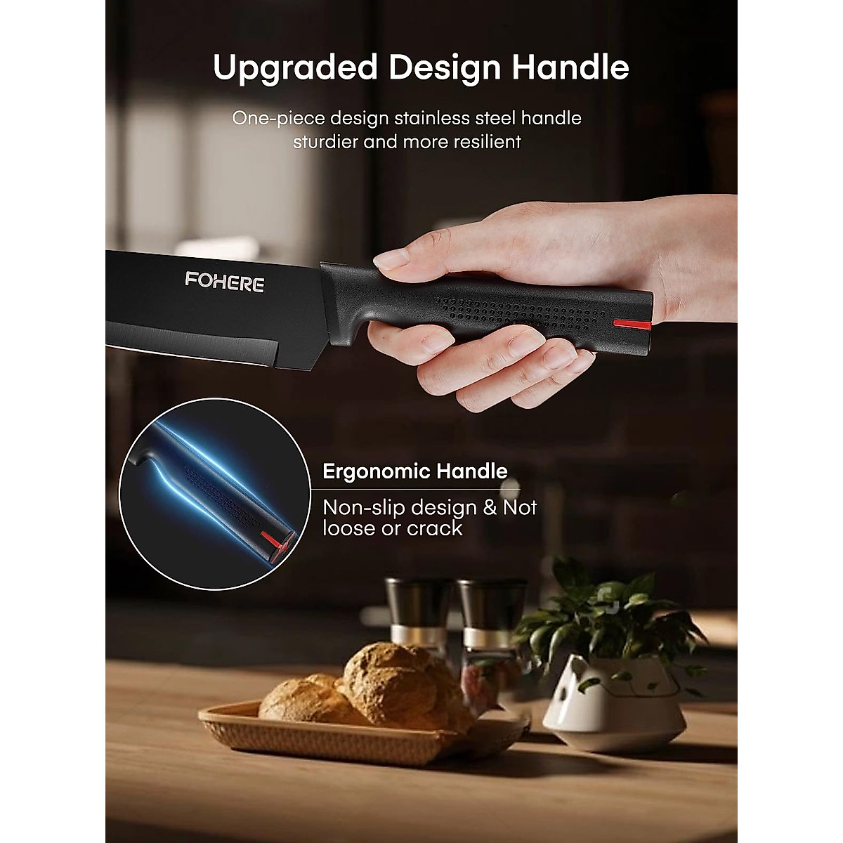 FOHERE Knife Set with Block 13 Pieces Stainless Steel Knife Sets for Kitchen with Built-in Sharpener Sharp Kitchen Knife Block Set with Granite Pattern, Anti-slip Handle Rust Resistant, Black