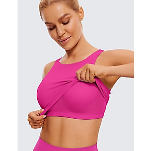 CRZ YOGA Butterluxe Womens High Neck Longline Sports Bra - U Back Padded Crop Workout Tank Top with Built in Pads Hibiscus Purple Medium