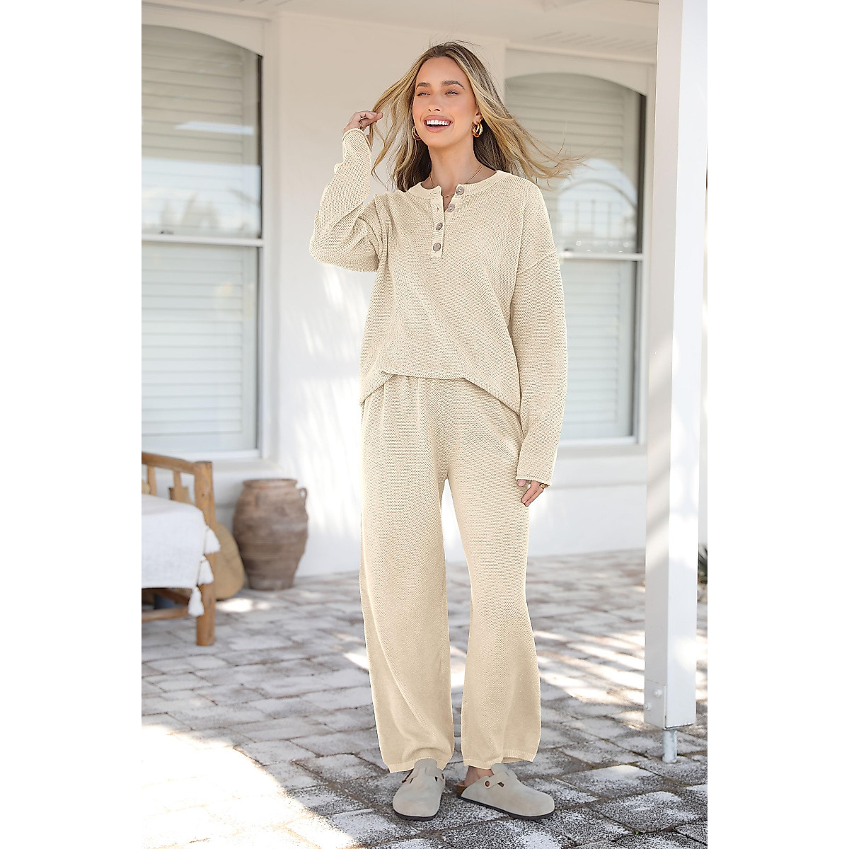 PRETTYGARDEN Women's 2 Piece Tracksuit Outfits 2024 Fall Knit Sweater And Wide Leg Pants Sweatsuit Lounge Sets (Beige,Large)