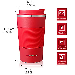 GEMFUL Travel Coffee Mug Insulated To Go Coffee Mug Tumbler with Lid Portable Stainless Steel Reusable Leak Proof Coffee Cups for Women Hot Cold Drinks 17oz Red