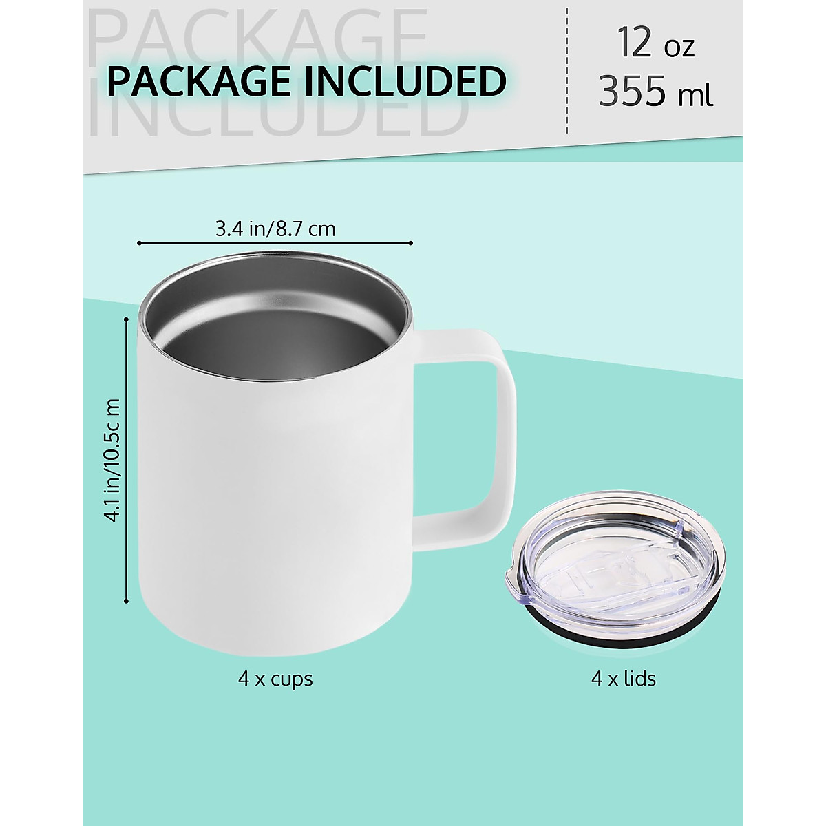 OFFNOVA 12oz Sublimation Tumblers Blank 4 Pack Stainless Steel Coffee Tumblers With Handle and Lid, Double Wall Vacuum Camping Cup for Hot & Cold Drinks Tea