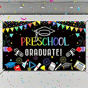Preschool Graduate Backdrop 2023 School Prom Party Supplies Decoration Banner for Kids Preschool Graduation Decorations Prek Photo Backdrop Ceremony Congrats Grad Banner, 5.9 x 3.6 Ft