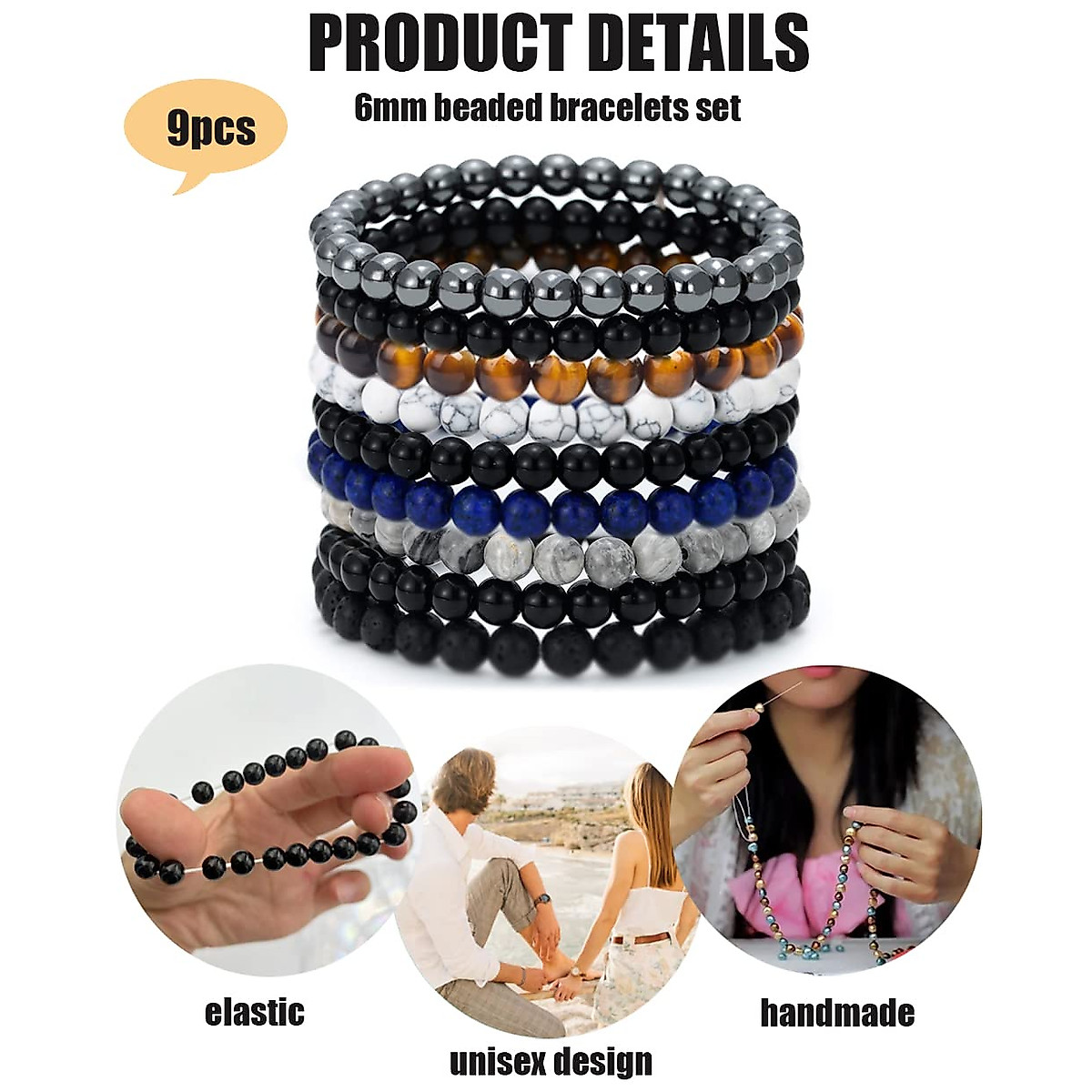 BOMAIL 9pcs Gemstone Beaded Bracelets for Men Women 6mm Round Beads Bracelets Set SemiPrecious Gemstone Beads Bracelets Matte Lava Rock Volcanic Tiger Eye Stone Yoga Healing Energy Crystal Stretch