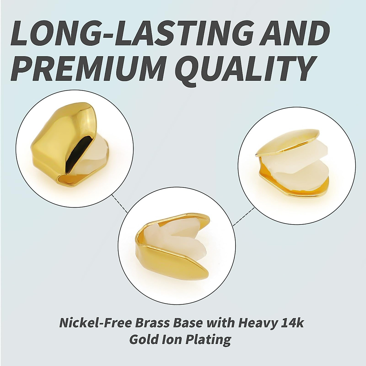 YAFIYGI 4 Pieces Gold Plated Gold Tooth Cap- Hip Hop Teeth Accessories - Plain Single Tooth Cap for Teeth Mouth - Realistic Fake Teeth Grills for Party - Open Face Front Tooth Caps