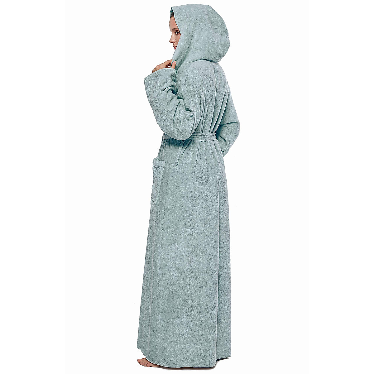 Arus Women's Princess Robe Ankle Long Hooded Lightweight Turkish Cotton Bathrobe Seafoam X-Large
