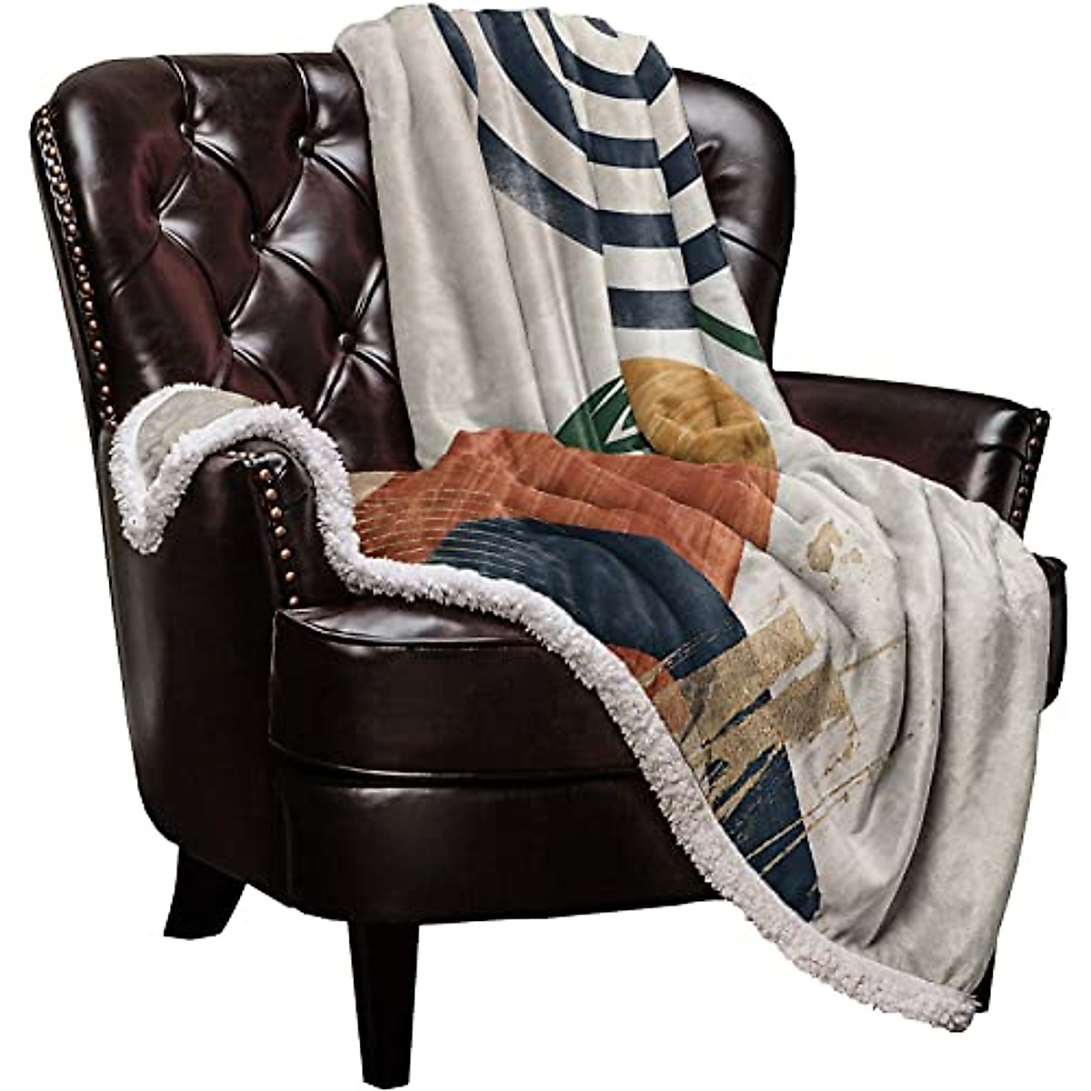 Mid Century Sherpa Flannel Throw Blankets,Boho Abstract Leaf Thick Reversible Plush Fleece Blanket for Bed Couch Sofa,Geometric Minimalist Aesthetic Ultra Soft Comfy Warm Fuzzy TV Throws 40x50in