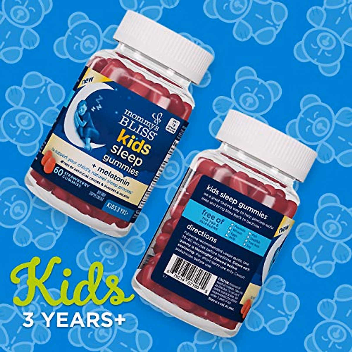 Mommy's Bliss Kids Sleep Melatonin Gummies: Free of Artificial Colors, Flavors, or Gelatin, Strawberry Flavor, Age 3+, 60 Gummies