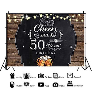 OERJU 6x4ft Happy 50th Birthday Backdrop Wooden Plank Cheers and Beers 50 Years Birthday Background for Photography 50th Birthday Party Decor Banner for Men