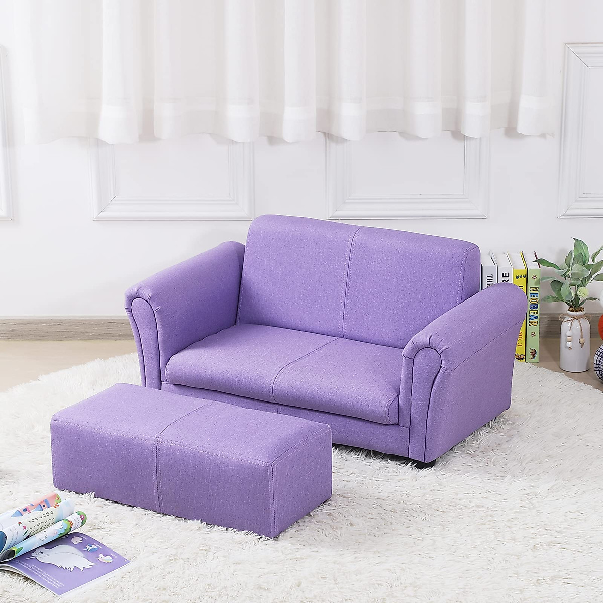 Yoonnie room 2-Seater Kid Couch with Big Ottoman,Kid Sofa Chair with Linen Fabric,Children Sofa Couch for 0-3 Age Kid Gift,Purple