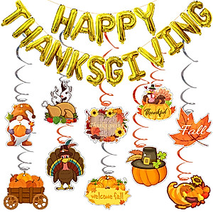 Thanksgiving Decorations Indoor, Happy Thanksgiving Banner | 16 Inches Gold 3D Foil Letter Balloons Decoration Fhoto Backdrop for Thanksgiving Party - Fall Office Decoration - Pack of 42